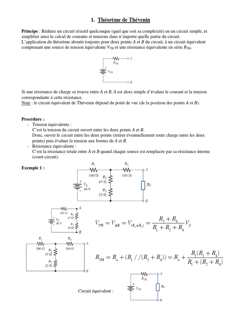 Théorème de Thévenin et Superposition | PDF | Tension électrique ...