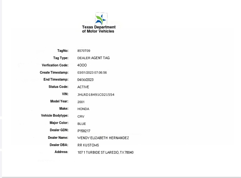 Dealer Agent Tag Details for RR Kustoms in Laredo, Texas | PDF