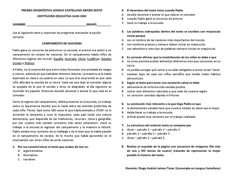 Prueba Diagnóstica Lengua Castellana Grado Sexto | PDF