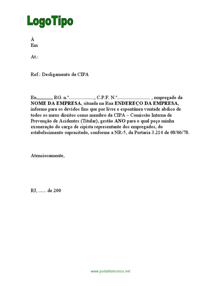 Carta De Desligamento Da Cipa 03 Pdf