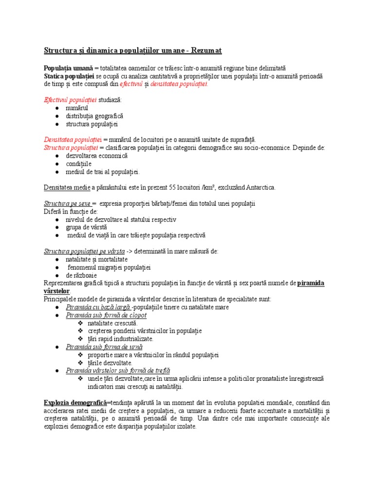 Rezumat Structura Si Dinamica Populațiilor Umane | PDF