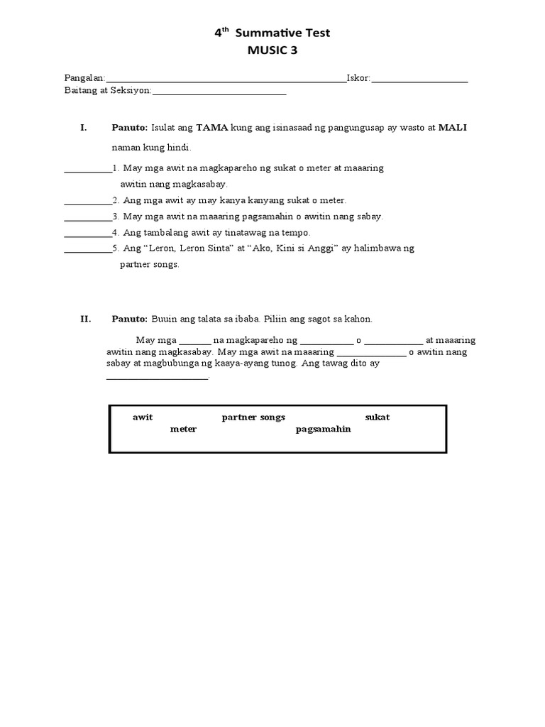 Q4 Summative Test4 Music 3 | PDF