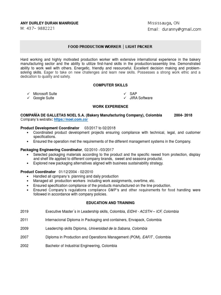 Food Production Worker Resume | PDF | Packaging And Labeling | Business