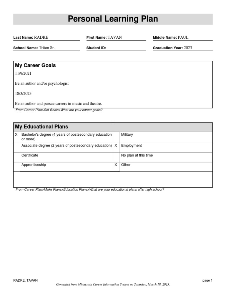 Tavan's Career Pathway Plan | PDF | Science | Learning