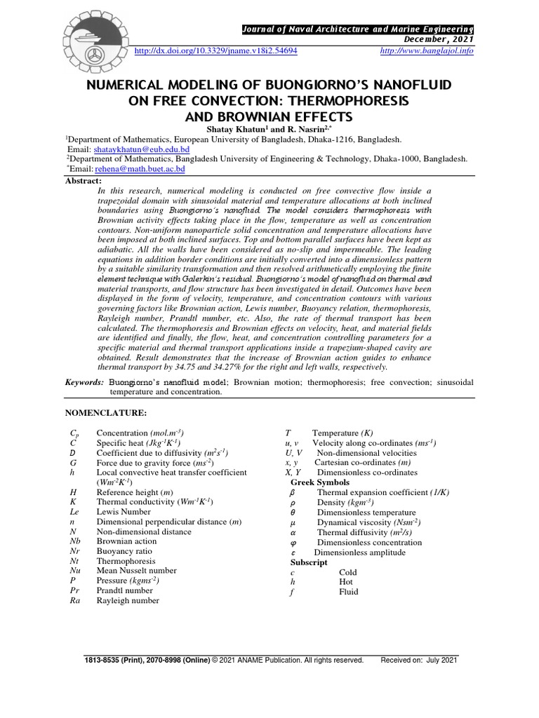 Numerical Modeling of Buongiorno'S Nanofluid On Free Convection: Thermophoresis and Brownian ...
