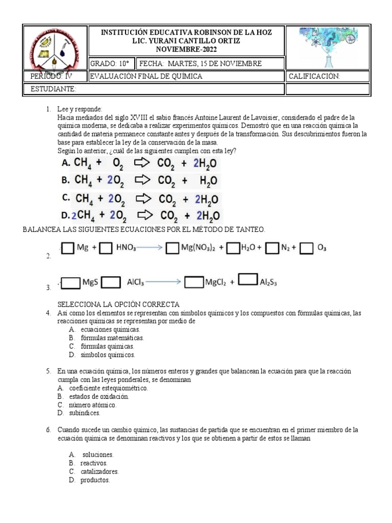 Evaluación Balanceo de Ecuaciones y Reacciones Quimicas Con Sus Tipos ...