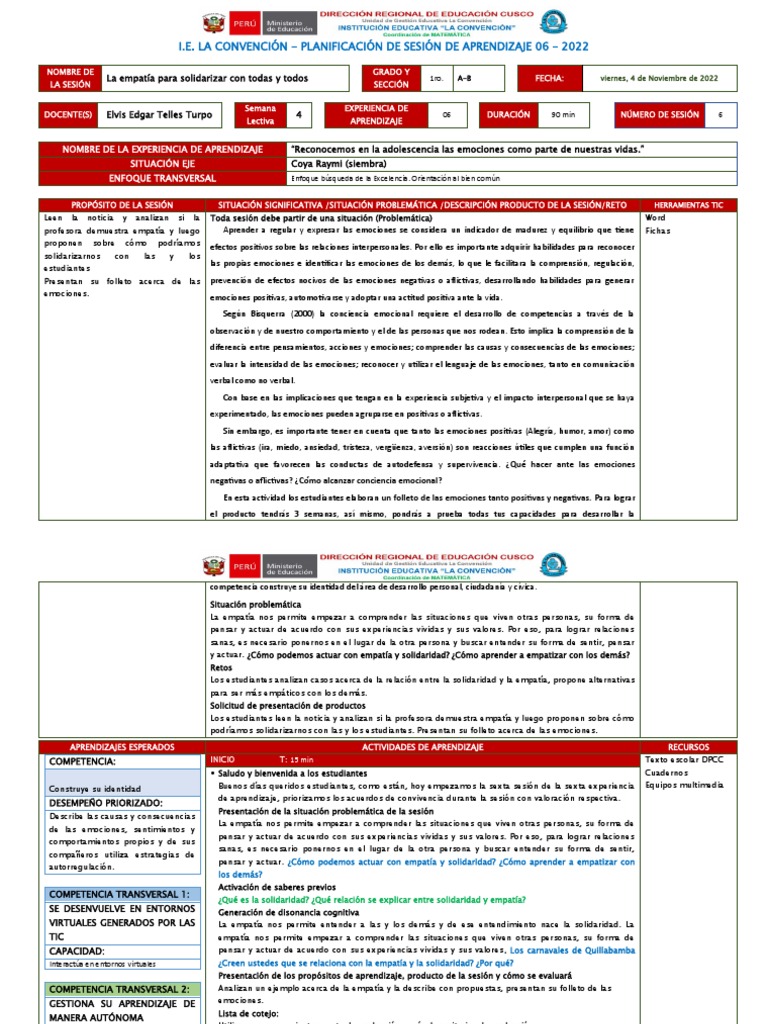 SESIÓN DE APRENDIZAJE DPCC 1° 06 - Experiencia 06 | PDF | Empatía | Las emociones
