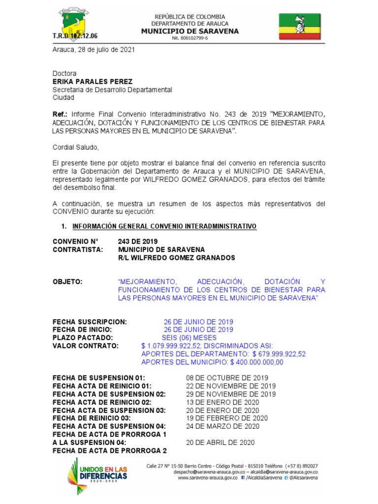 Informe Del Supervisor CONVENIO 243 de 2019 v2 | PDF | Fundación (Ingeniería) | Albañilería