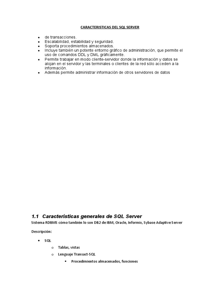 Caracteristicas Del SQL Server | PDF | Servidor SQL de Microsoft | SQL
