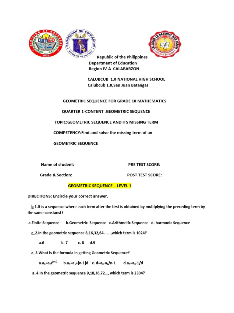 Geometric Sequence For Grade 10 Mathematics | PDF | Mathematics
