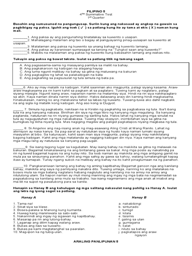 FIRST - 4TH SUMMATIVE QUARTER 1 Eng, Fil, AP & MAPEH | PDF