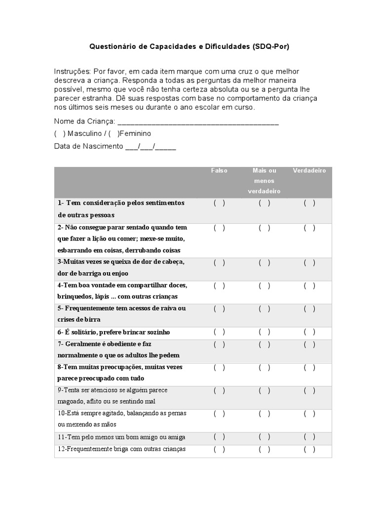 SDQ Questionário de Capacidades e Dificuldades | PDF