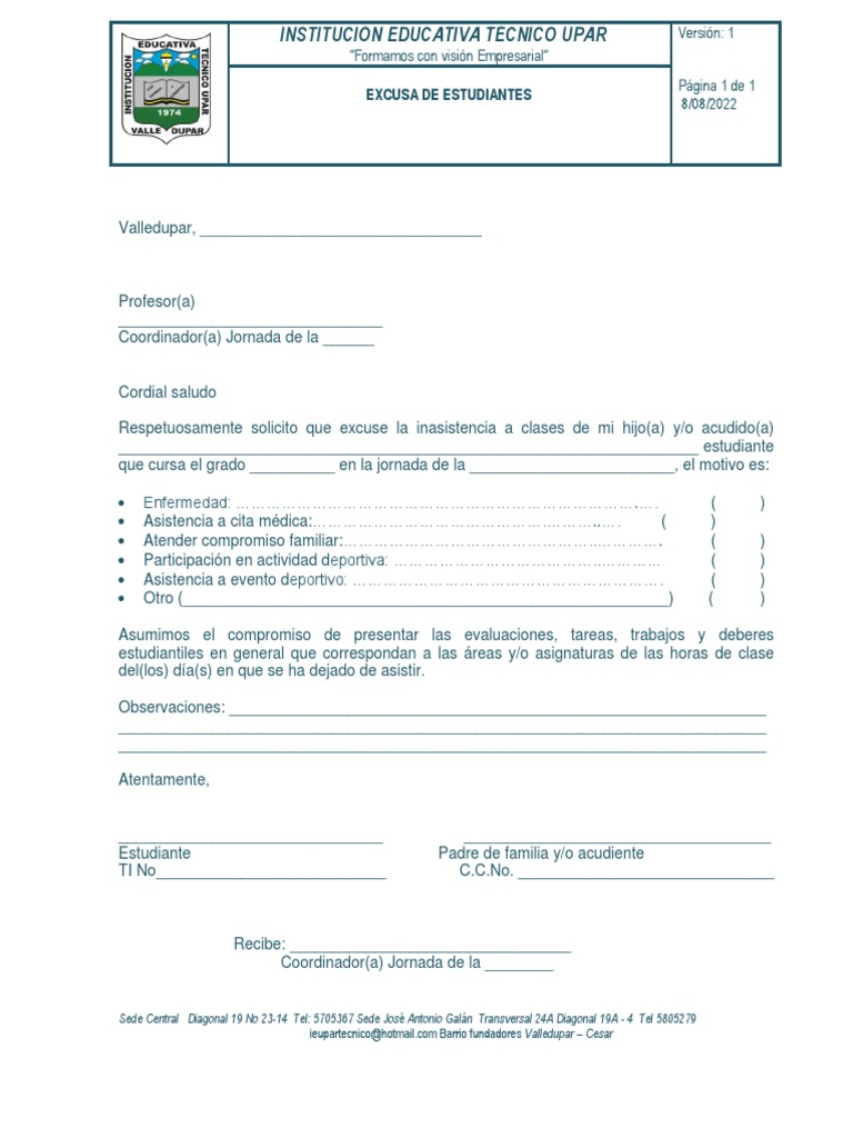 FORMATO EXCUSA DE ESTUDIANTES | PDF