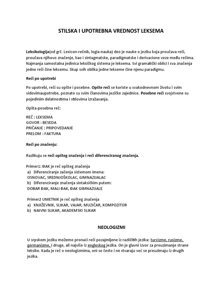 Stilska I Upotrebna Vrednost Leksema | PDF