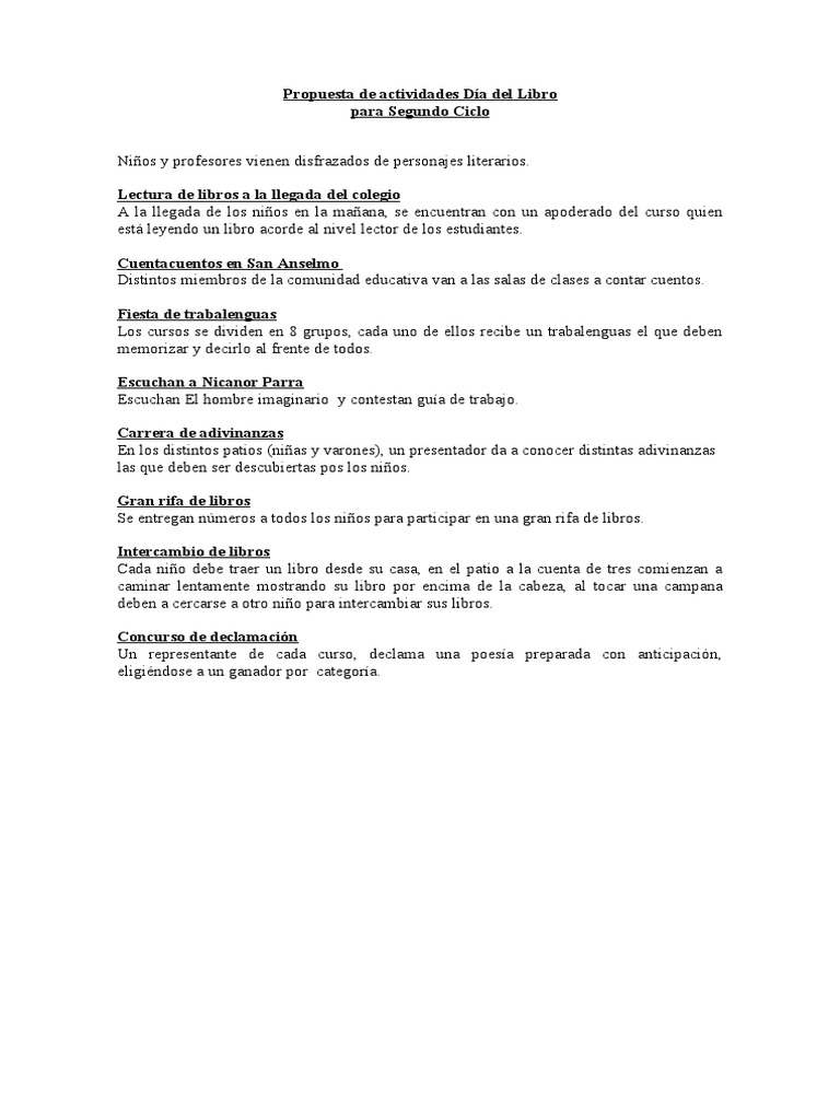 Actividades Creativas Para El Día Del Libro Pdf