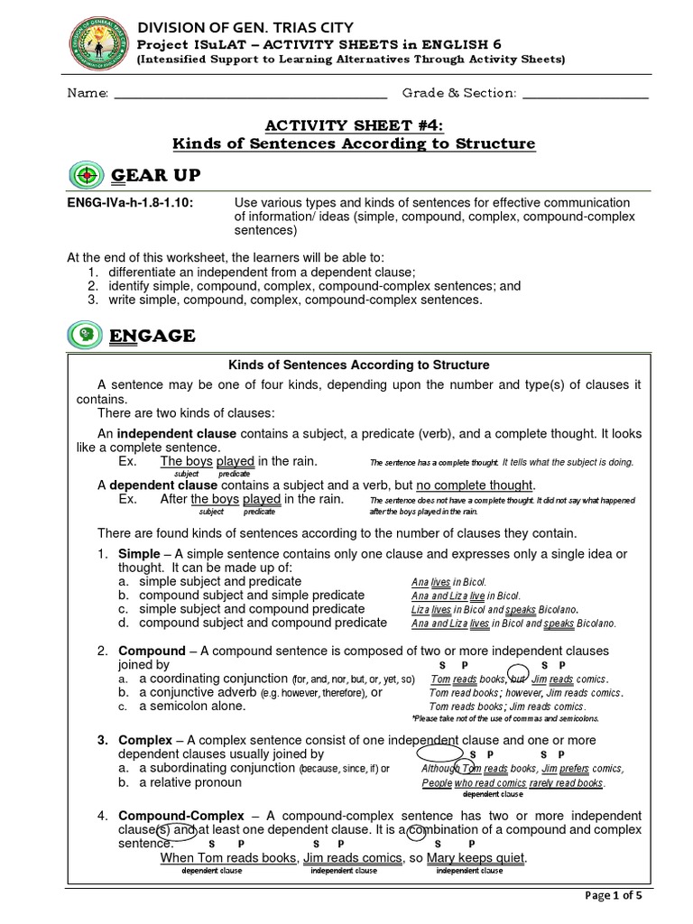 Eng6 Q3-AS#4 Sentences FINAL | PDF | Subject (Grammar) | Sentence (Linguistics)