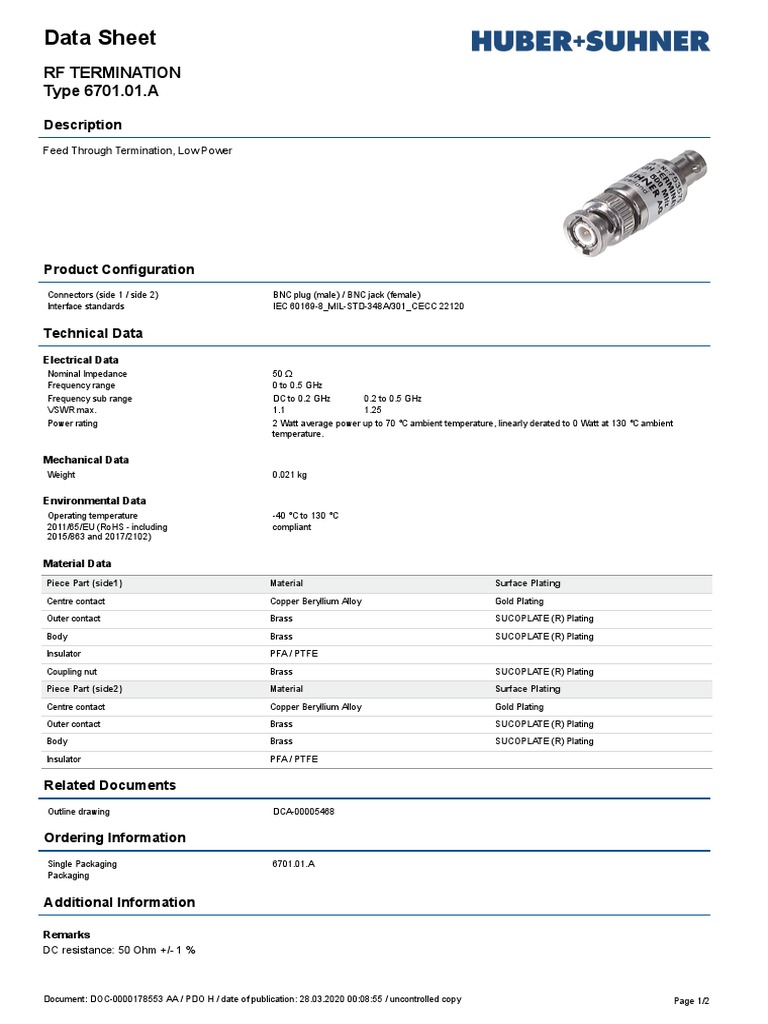 HUBER 2bSUHNER 6701 01 A DataSheet-1282342 PDF | PDF | Electrical ...