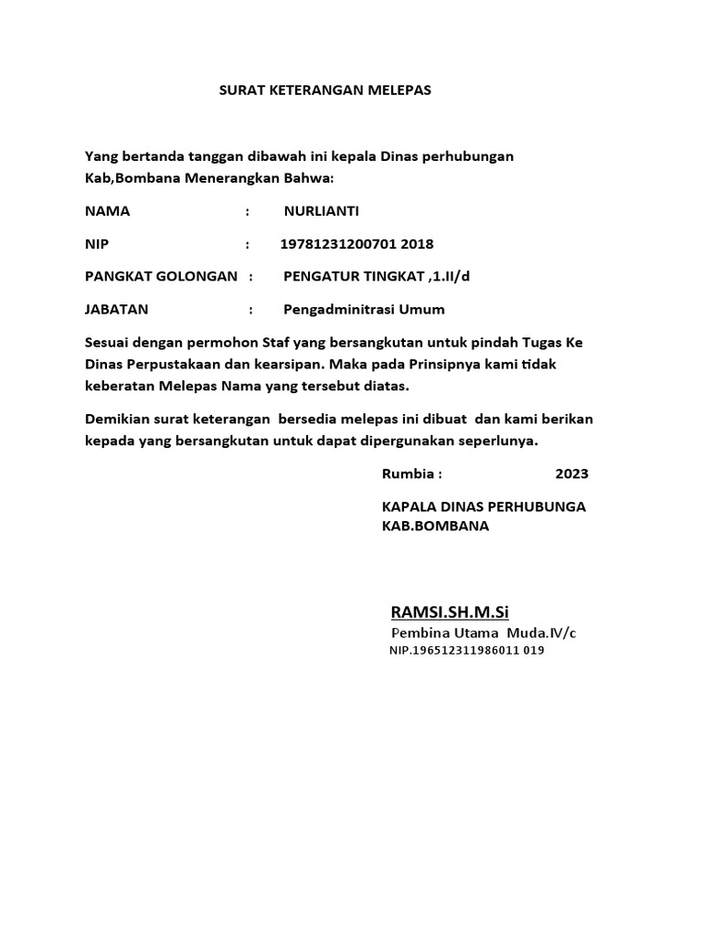 Surat Keterangan Melepas | PDF