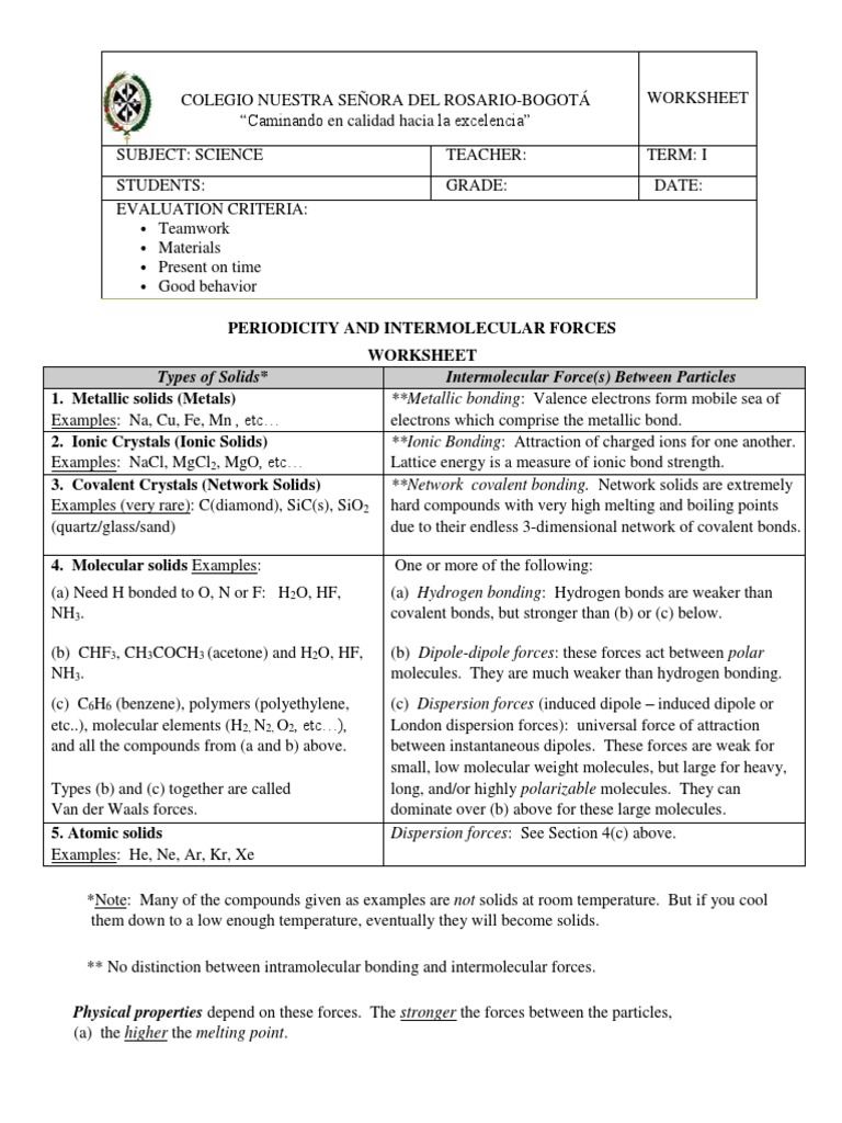 Intermolecular Forces Worksheet | PDF | Chemical Bond | Intermolecular ...