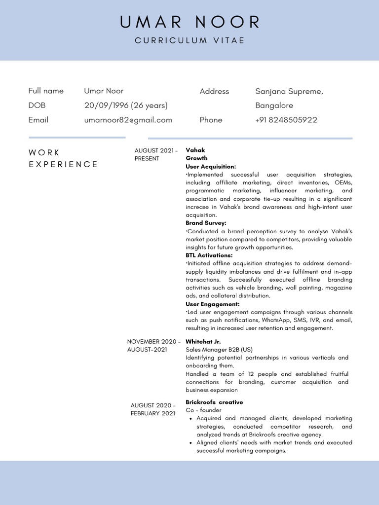 Umar Noor's CV highlights marketing and sales experience | PDF ...