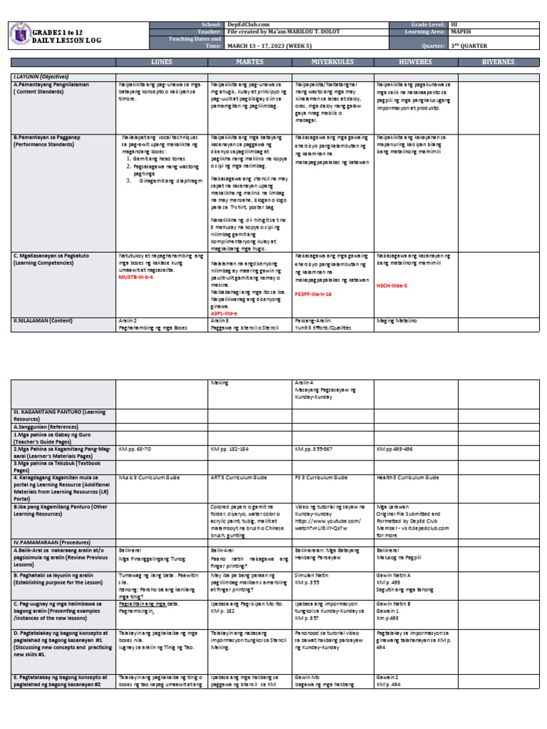 DLL - Mapeh 3 - Q3 - W5 | PDF