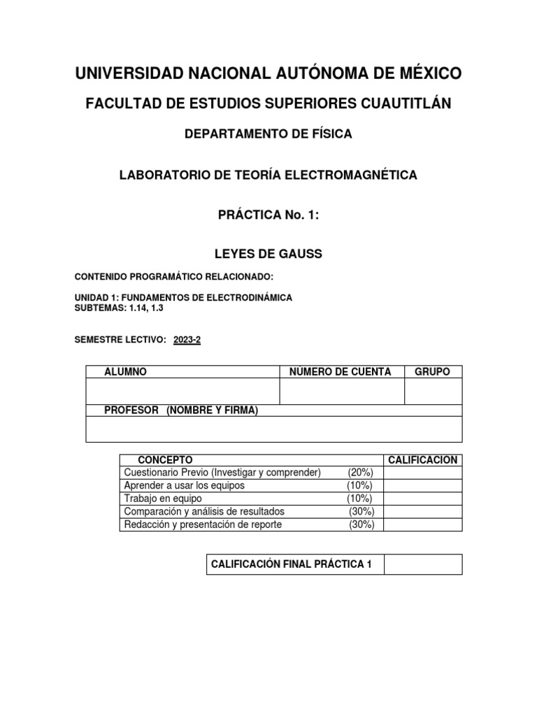 Práctica 1. - Leyes de Gauss 2023-2 | PDF | Electromagnetismo | Campo magnético