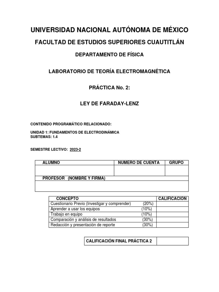Práctica Ley de Faraday-Lenz UNAM | PDF | Inducción electromagnética | Electromagnetismo