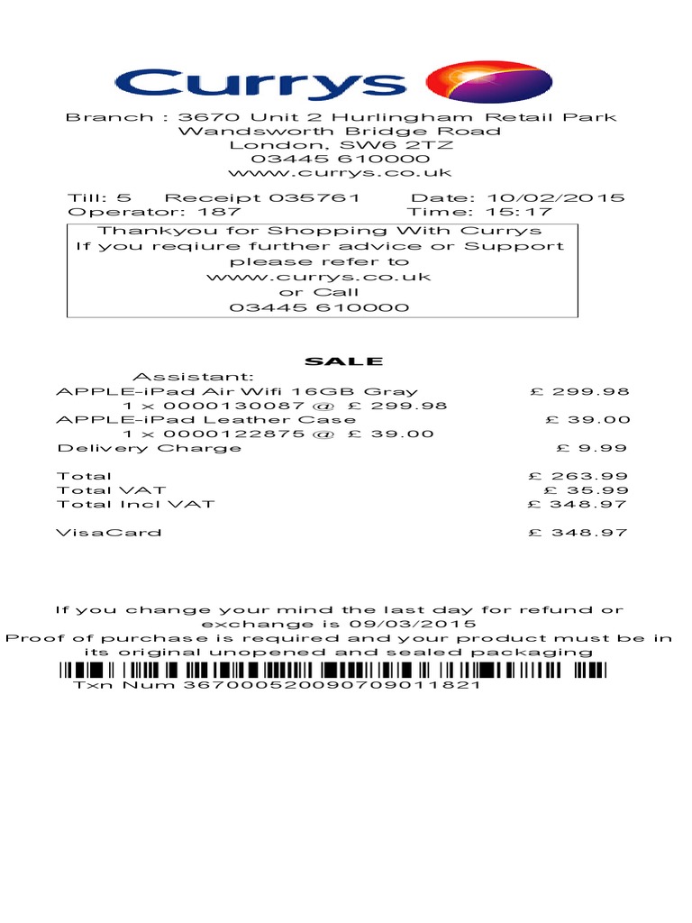 Currys iPad Air Purchase Receipt | PDF