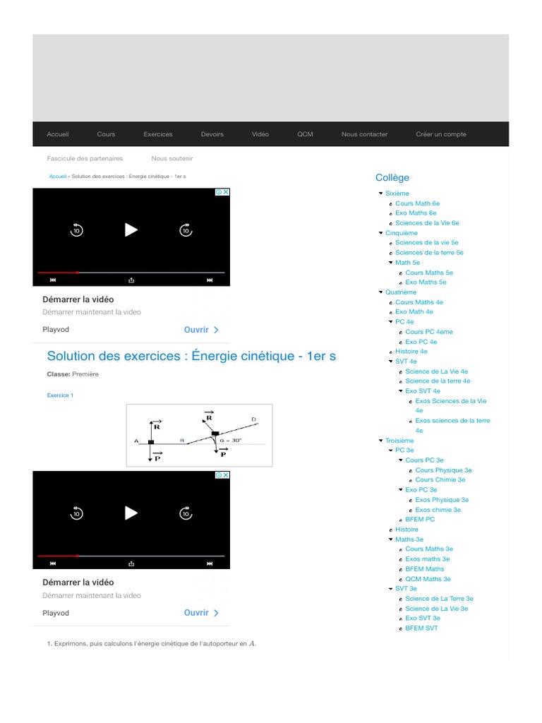 Solution Des Exercices - Énergie Cinétique - 1er S - Sunudaara | PDF ...