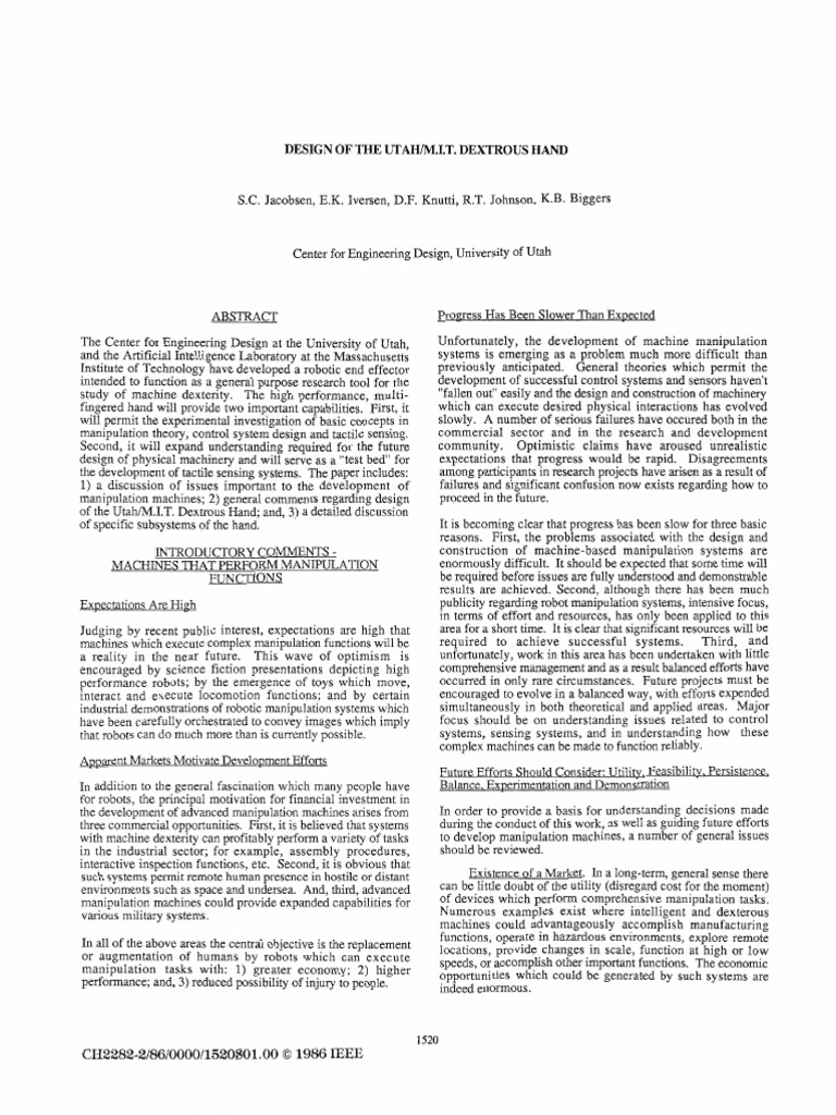 Design of the Utah Dextrous Hand | PDF | Actuator | Hand