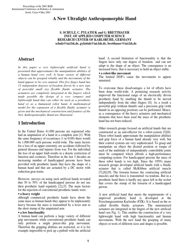 A New Ultralight Anthropomorphic Hand PDF | PDF | Hand | Prosthesis