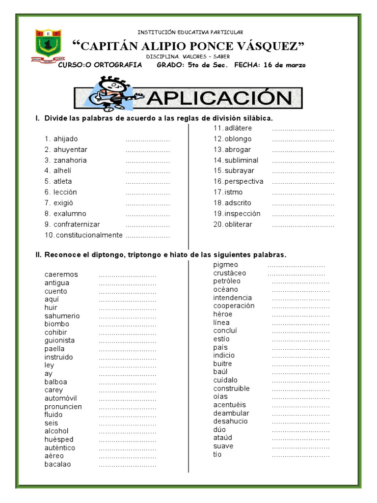 Análisis de reglas ortográficas sobre división silábica, diptongos ...