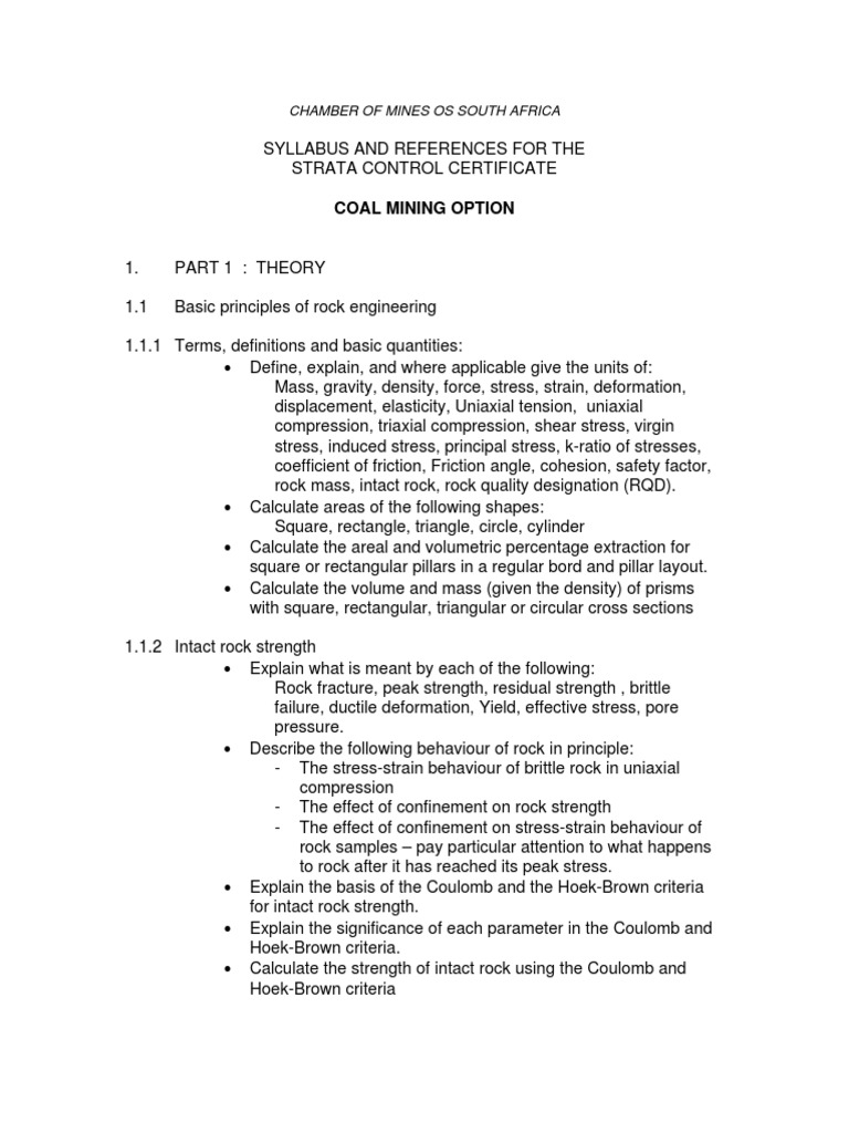 Strata Control Certificate Syllabus: Coal Mining | PDF | Strength Of ...