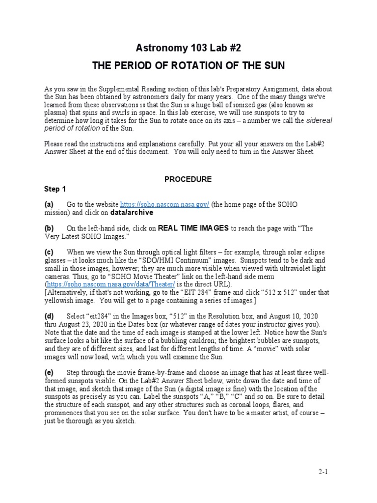 AST 103 Lab2 - Period of Rotation of The Sun LAB MANUAL | PDF | Sun | Outer Space