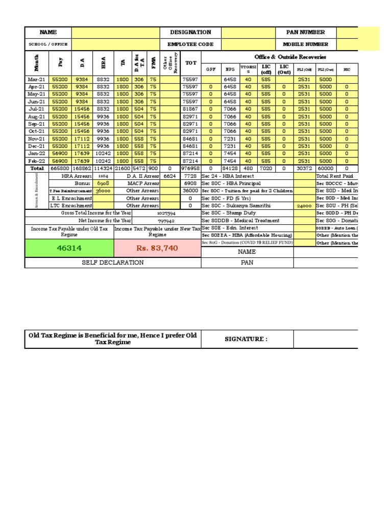 Name Designation Pan Number: Employee Code Mobile Number TOT LIC (Off ...