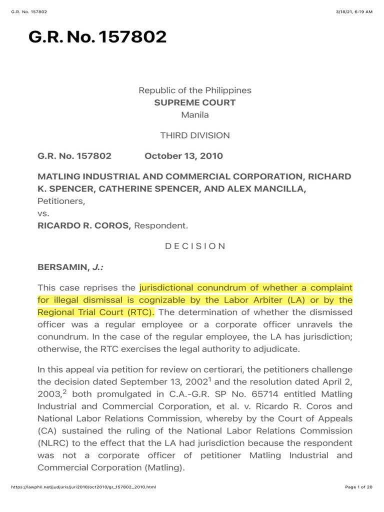 Jurisdiction in Illegal Dismissal Cases | PDF | Board Of Directors ...