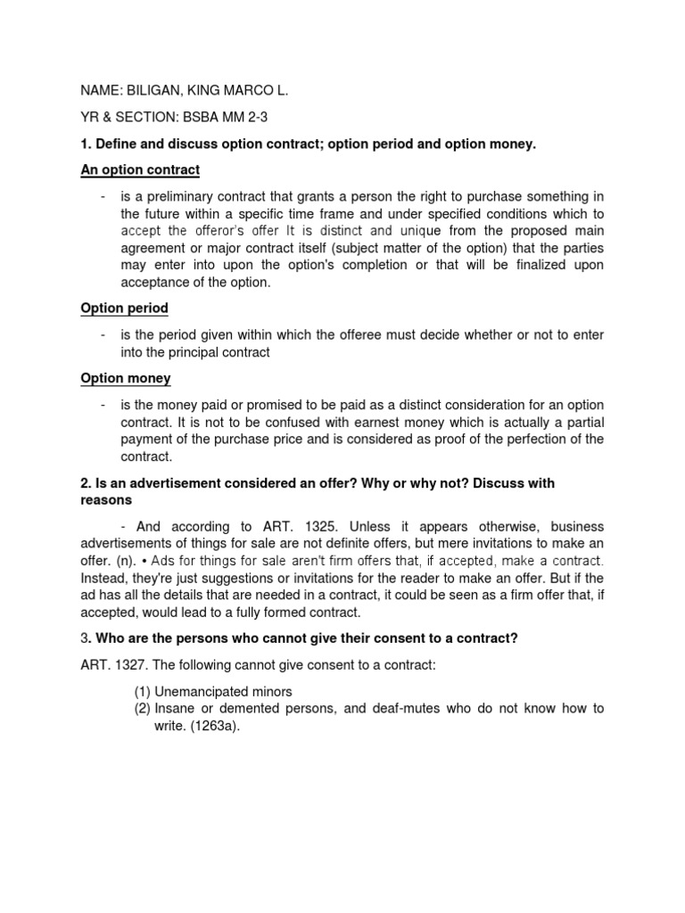 Define and Discuss Option Contract Option Period and Option Money. An ...