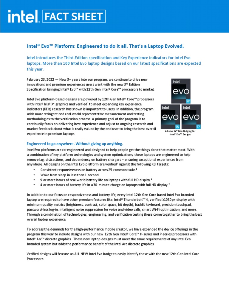 Intel Evo Fact Sheet 12th Gen Core | PDF | Laptop | Intel
