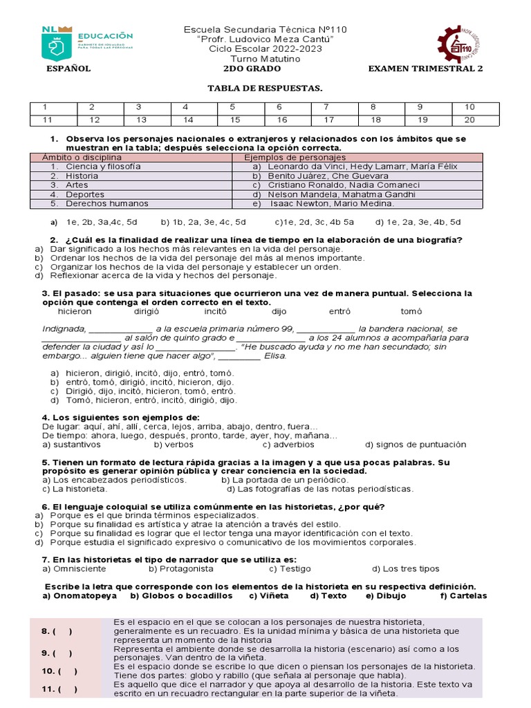 Examen Trimestral de Español 2º Grado | PDF | Cómics | Argumento