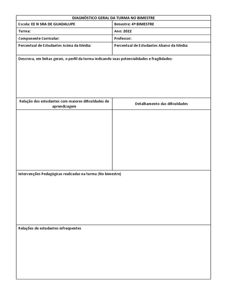 DIAGNÓSTICO GERAL DA TURMA NO BIMESTRE-conselho de Classe | PDF DIAGNÓSTICO GERAL DA TURMA NO BIMESTRE-conselho de Classe | PDF