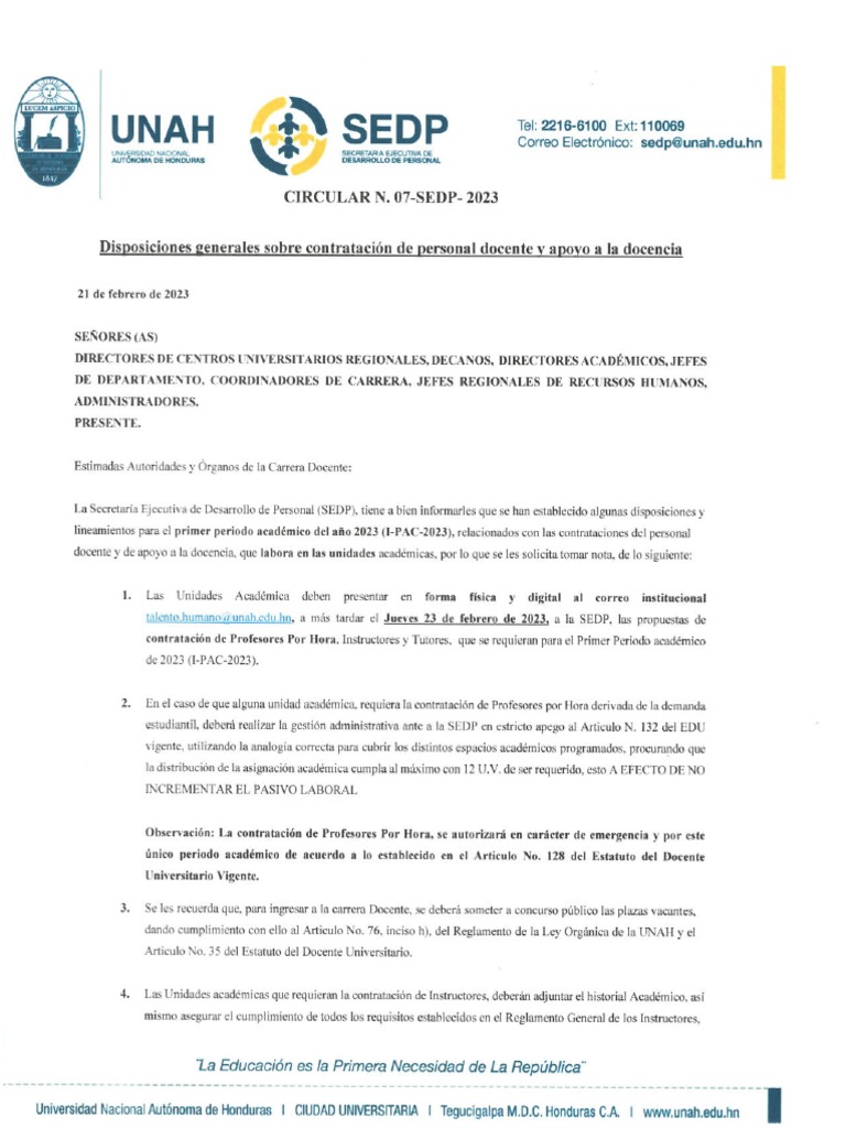 Circular 07-2023 SEDP Disposiciones Generales Sobre Contratación de Personal Docente y Apoyo A ...