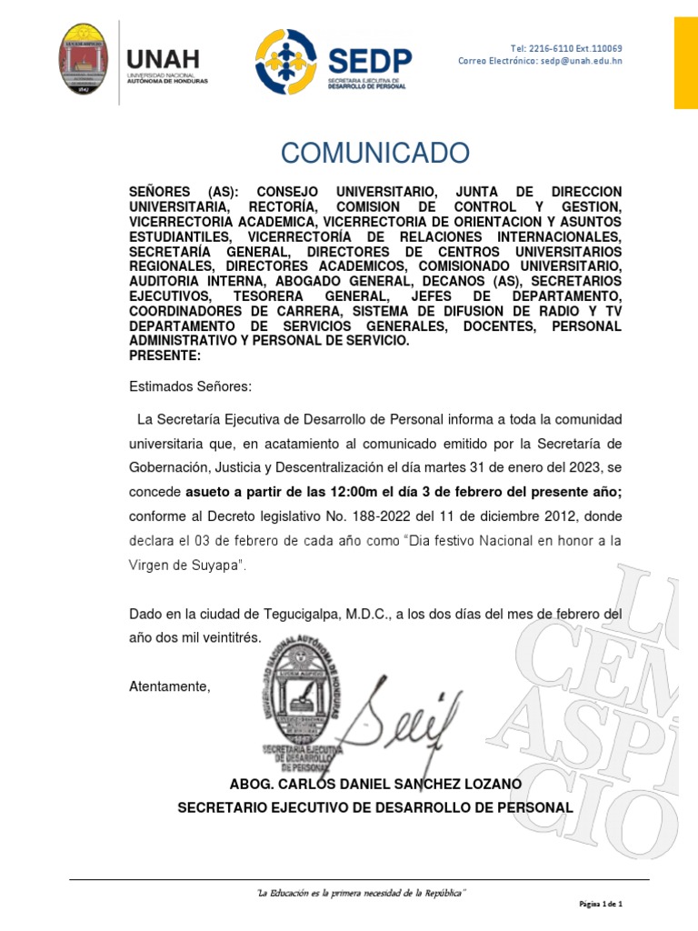 Comunicado Circular Dia Festivo Virgen de Suyapa PDF | PDF