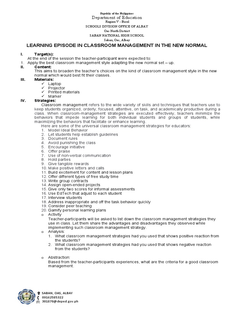 Classroom Management Strategies in New Normal | PDF | Classroom ...