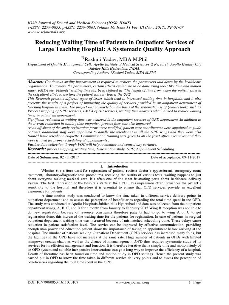 Reducing Waiting Time of Patients in Outpatient Services of Large Teaching Hospital: A ...