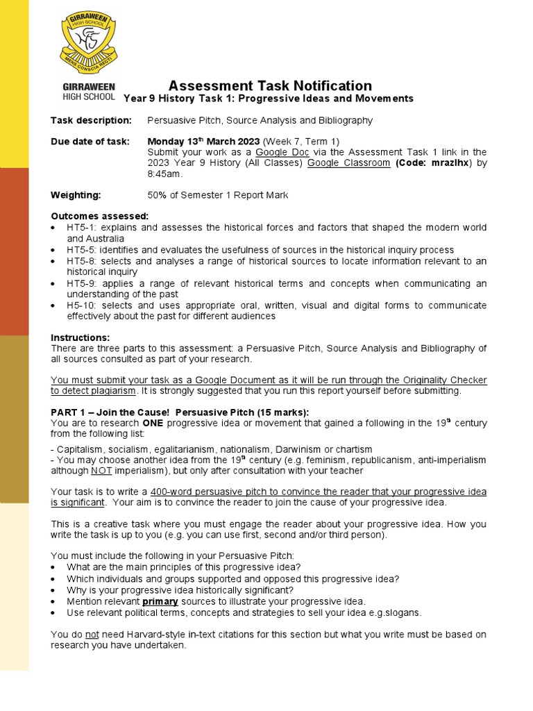 Year 9 History Assessment Overview | PDF | Idea | Citation