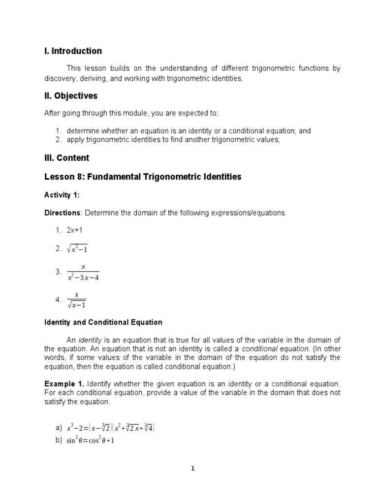 Module 8 Lesson 8 Trigo Identities | PDF | Equations | Trigonometric ...