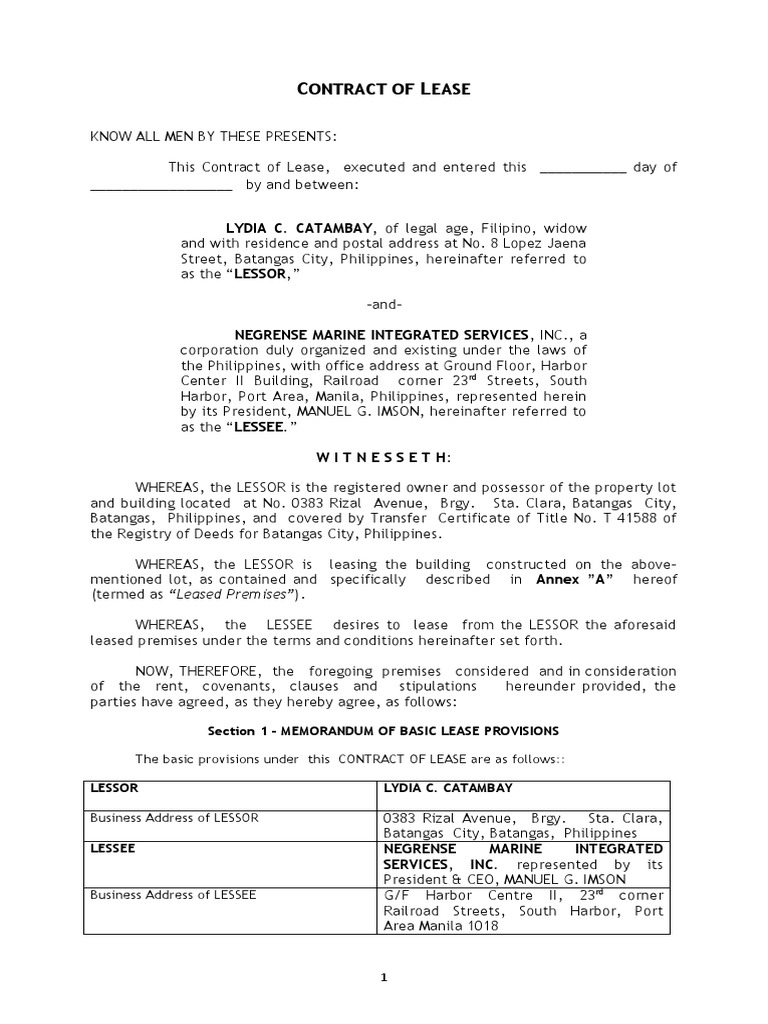 Contract of Lease Catambay and Nmisi | PDF | Lease | Civil Law (Legal ...