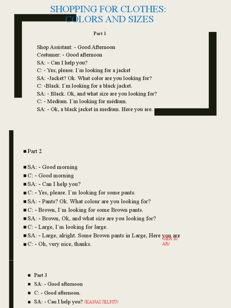 Shopping for Clothes: Colors & Sizes | PDF