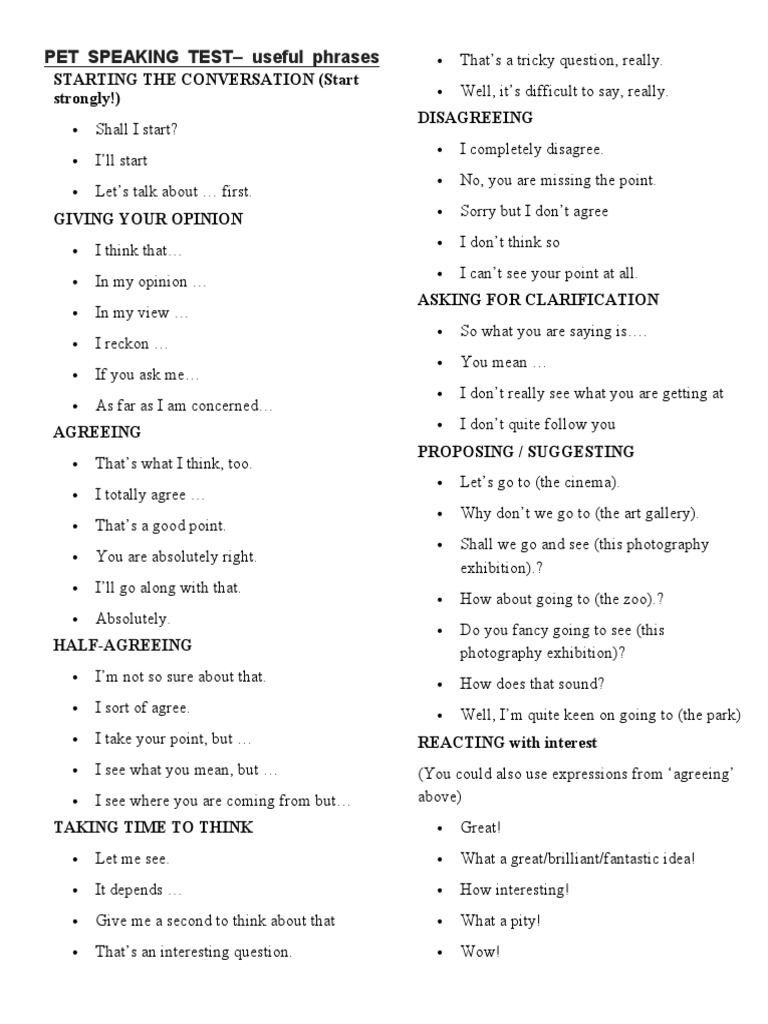 Useful Expression For Speaking PET Part 2 PDF | PDF