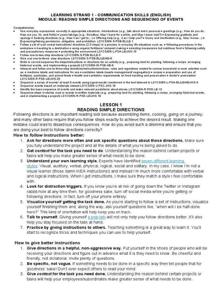 Ls1e - Reading Simple Directions Sequencing of Events Lesson | PDF ...